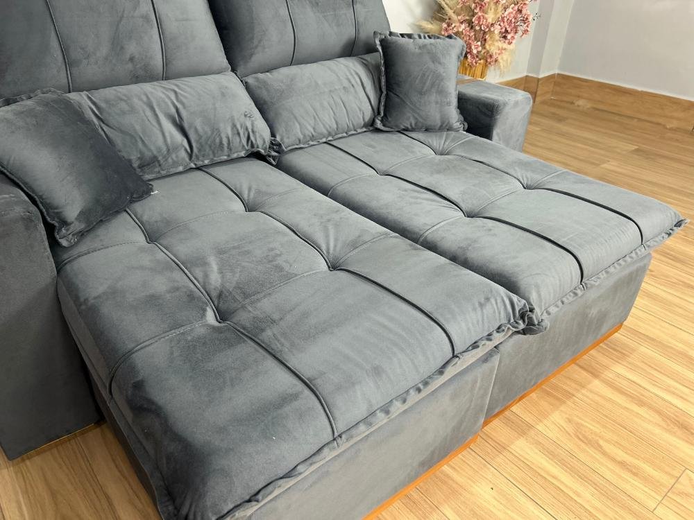 Sofá Retrátil Reclinável Oásis 1.80m – Cinza Veludão – Blessed Estofados – Loja de Móveis RJ